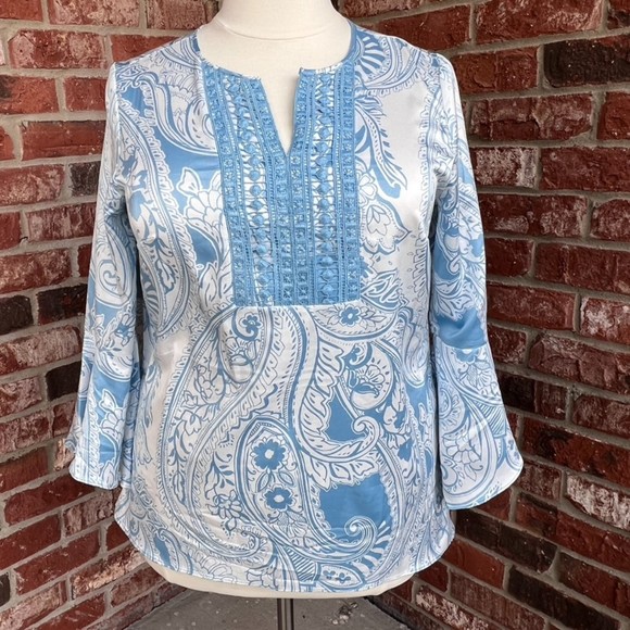 Susan Graver | Tops | Susan Graver Paisley Crochet Yolk Satiny Look ...
